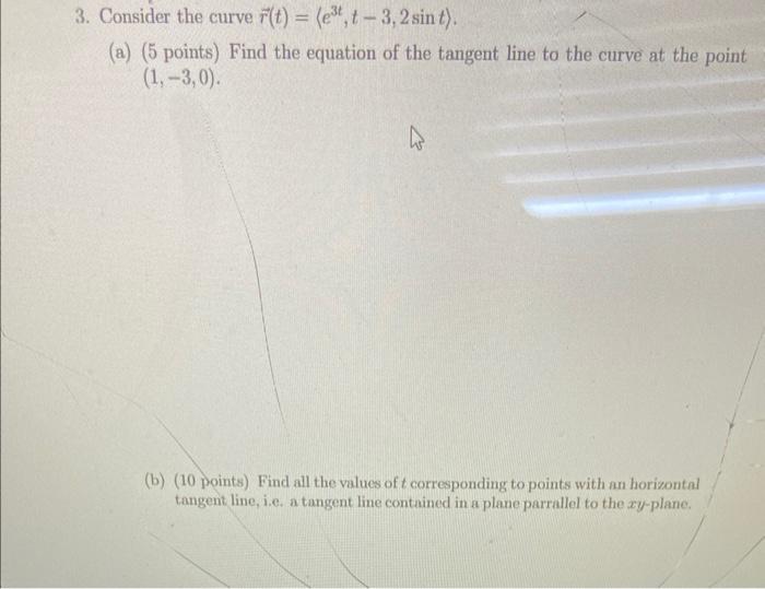 Solved 3. Consider the curve r(t)= e3t,t−3,2sint . (a) (5 | Chegg.com