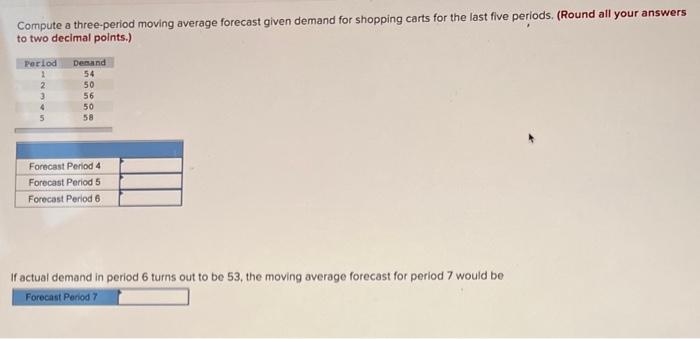 Solved Compute a three-period moving average forecast given | Chegg.com