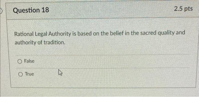 Solved > Question 18 2.5 pts Rational Legal Authority is | Chegg.com