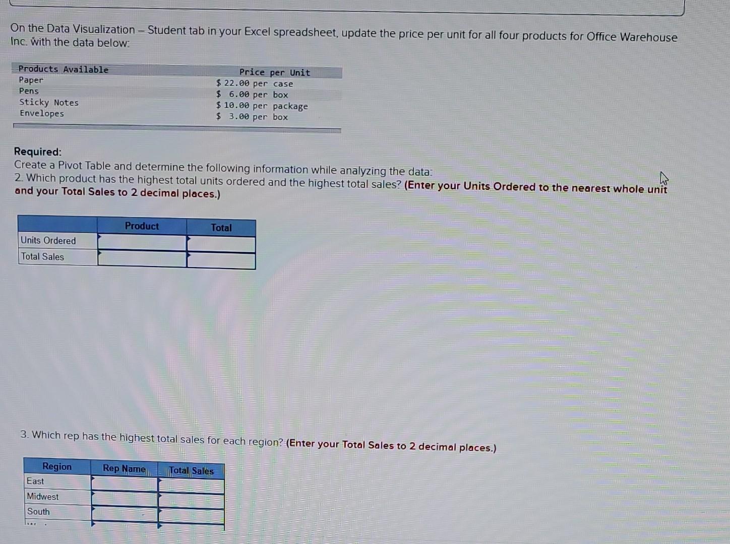 On the Data Visualization - Student tab in your Excel | Chegg.com