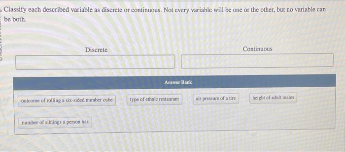 Solved Classify each described variable as discrete or | Chegg.com Solved Classify each described variable as discrete or | Chegg.com