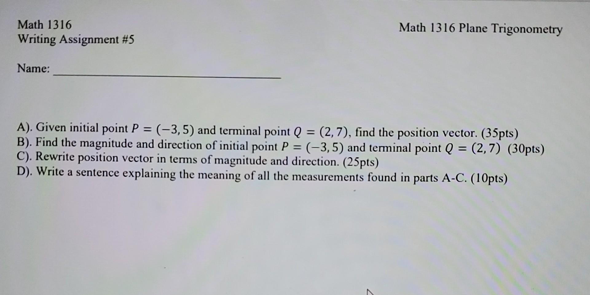 Solved Math 1316 Writing Assignment #5 Math 1316 Plane | Chegg.com