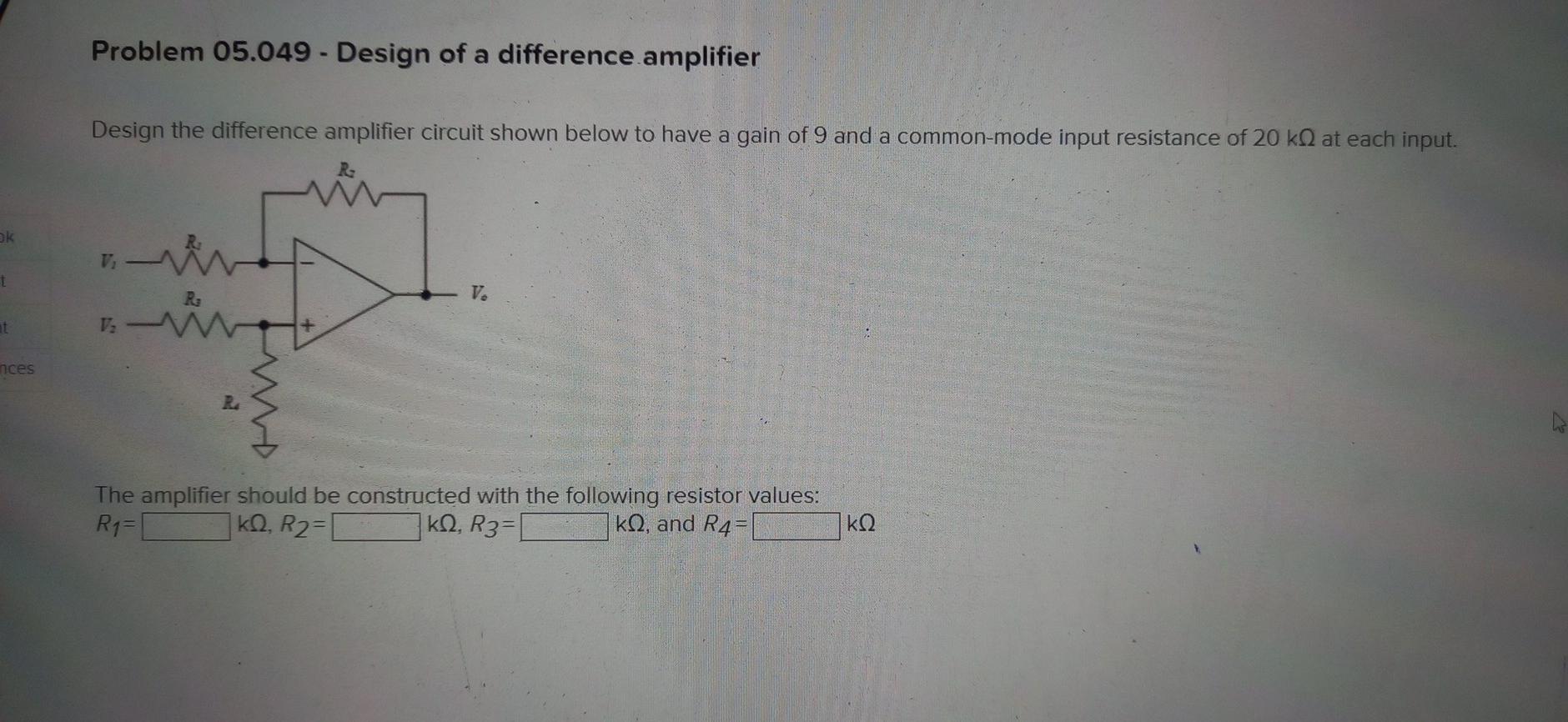 Solved Problem 05.049 - Design of a difference amplifier | Chegg.com