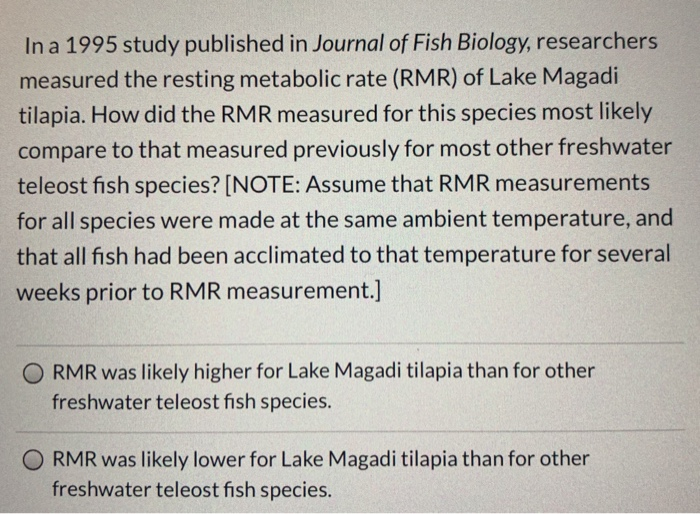 Solved In a 1995 study published in Journal of Fish Biology, | Chegg.com
