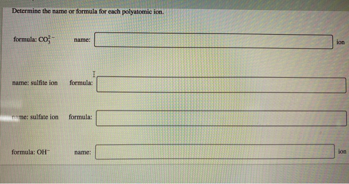 Solved Determine the name or formula for each polyatomic | Chegg.com