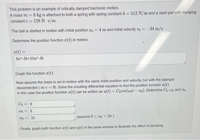 Solved This problem is an example of critically damped | Chegg.com