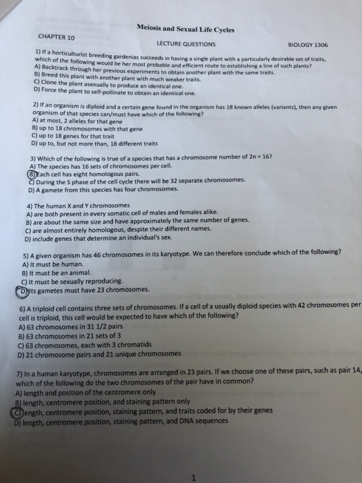 Solved Meiosis and Sexual Life Cycles CHAPTER 10 LECTURE | Chegg.com