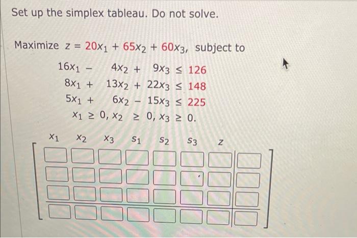 Solved Set up the simplex tableau. Do not solve. 4x2 + | Chegg.com