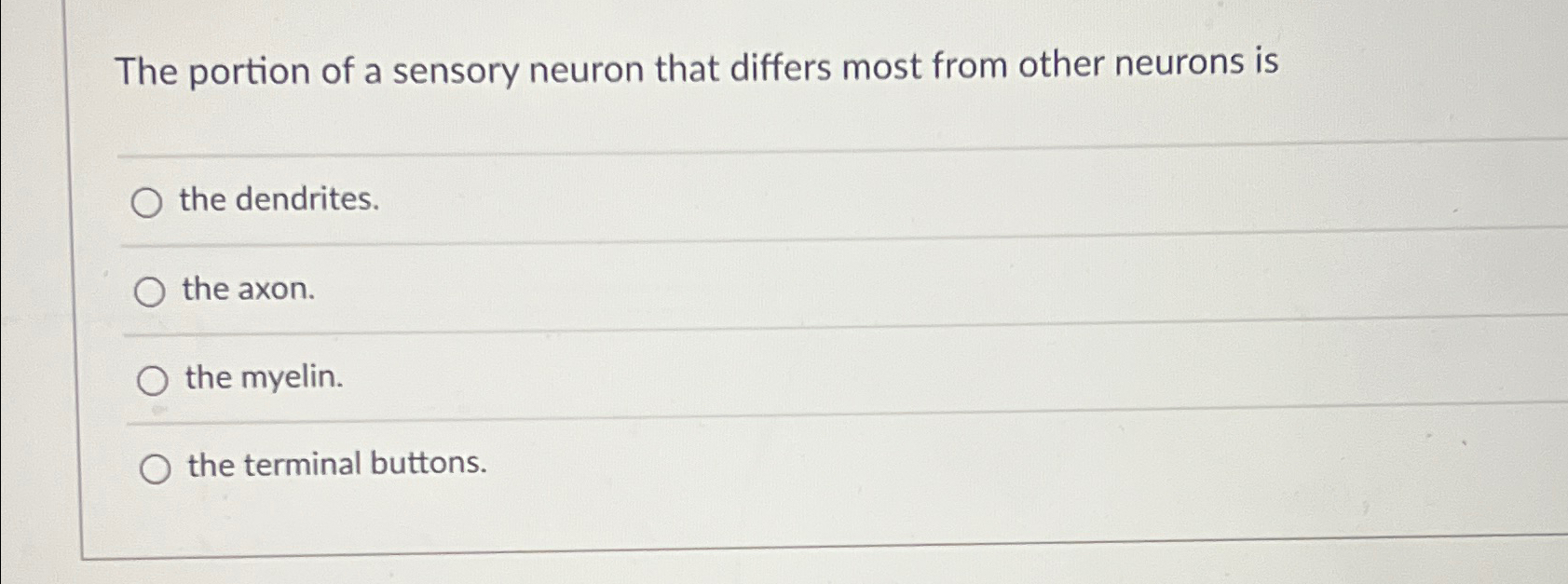 Solved The portion of a sensory neuron that differs most | Chegg.com