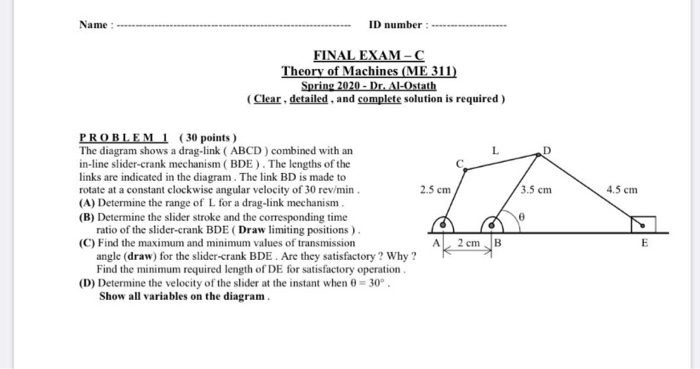 Solved Name: ID number: FINAL EXAM-C Theory of Machines (ME | Chegg.com