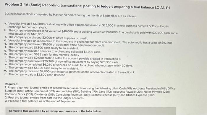 Solved Problem 2-4A (Static) Recording transactions; posting | Chegg.com