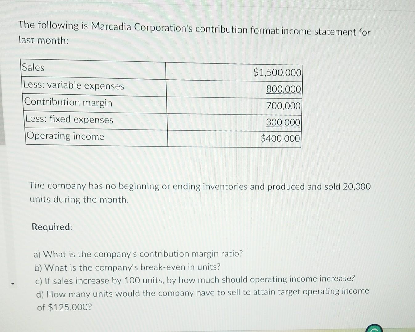 Solved The following is Marcadia Corporation's contribution | Chegg.com