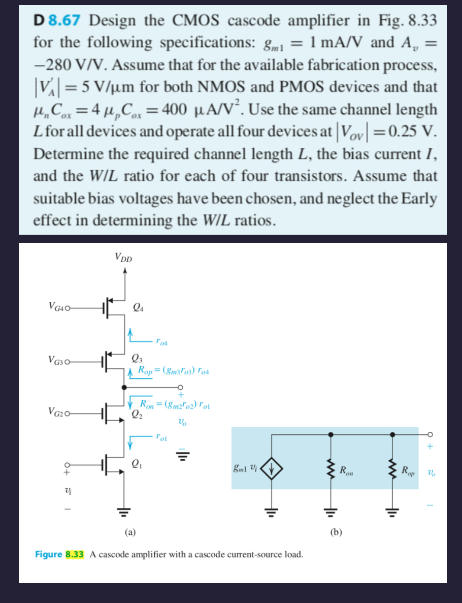 Solved D 8.67 ﻿Design the CMOS cascode amplifier in Fig. | Chegg.com