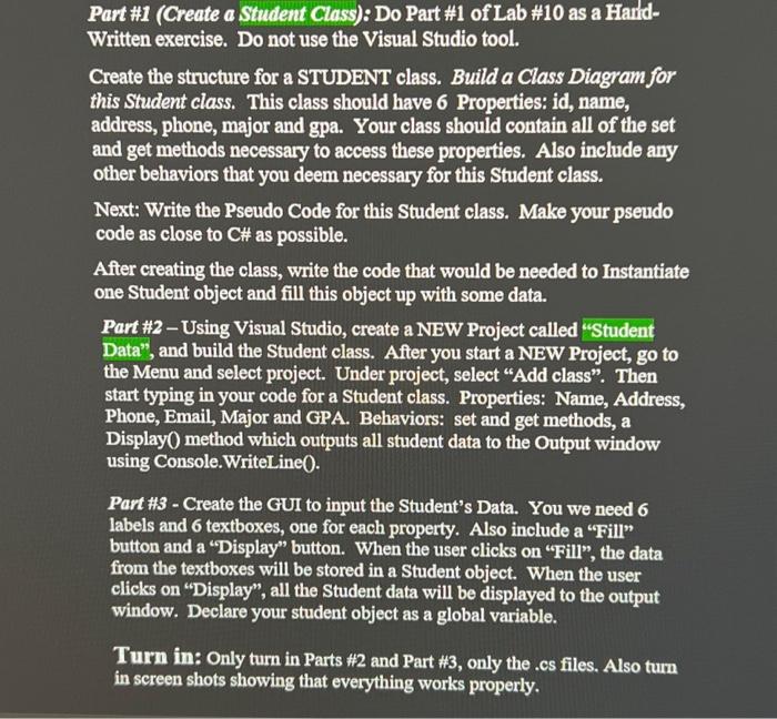 Solved Part \#1 (Create a Student Class): Do Part \#1 of Lab | Chegg.com