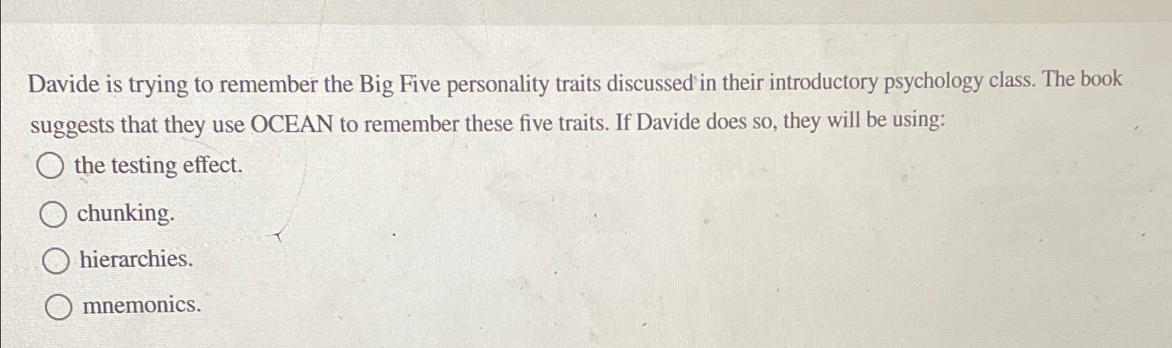 Solved Davide is trying to remember the Big Five personality | Chegg.com