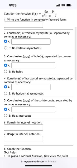 Solved Consider the function f(x)=x2+x−29x−9 1. Write the | Chegg.com