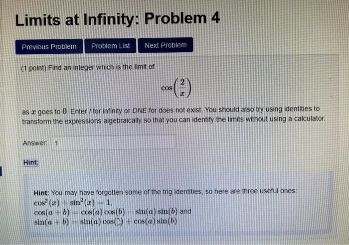 Solved Limits at Infinity: Problem 4 Previous Problem | Chegg.com