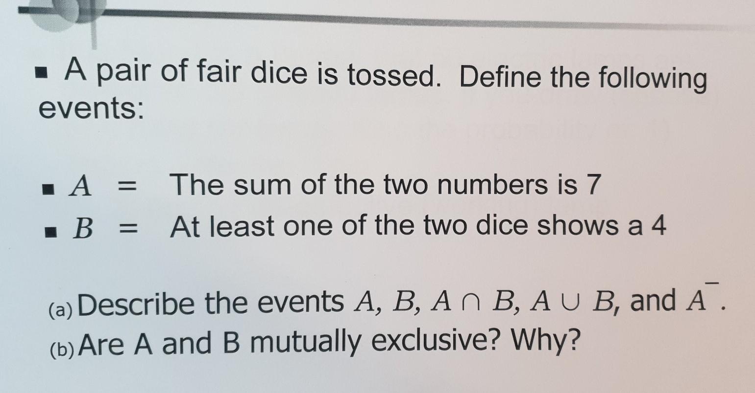 Solved • A pair of fair dice is tossed. Define the following | Chegg.com