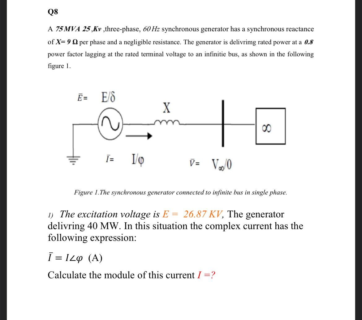 Solved Q8A 75MVA25,Kv, ﻿three-phase, 60Hz ﻿synchronous | Chegg.com