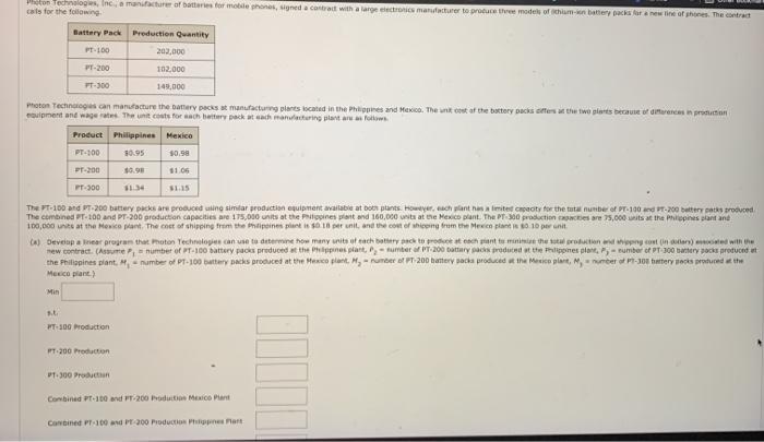 Solved A) develop a linear program that photon technologies | Chegg.com