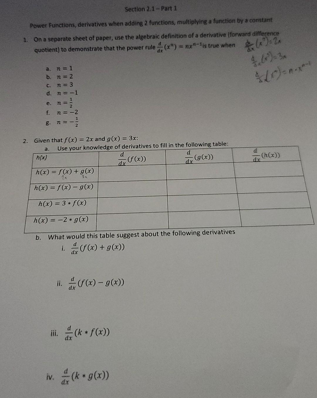 Solved Section 2.1 - Part 1 1. Power Functions, derivatives | Chegg.com