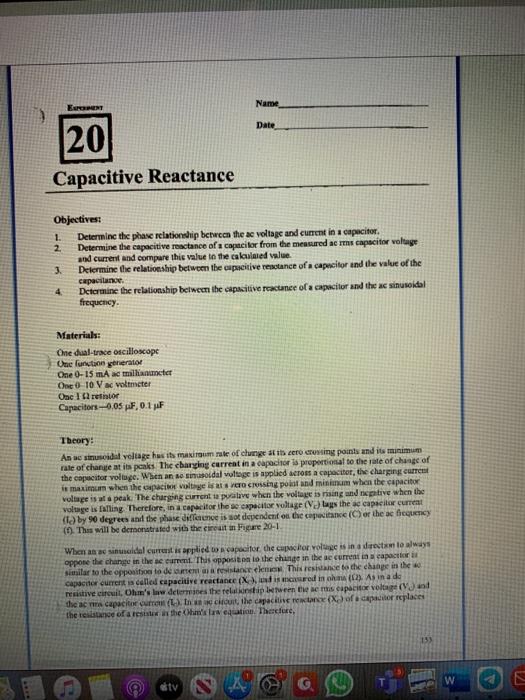 Solved EMT Name Date 20 Capacitive Reactance Objectives 1 | Chegg.com
