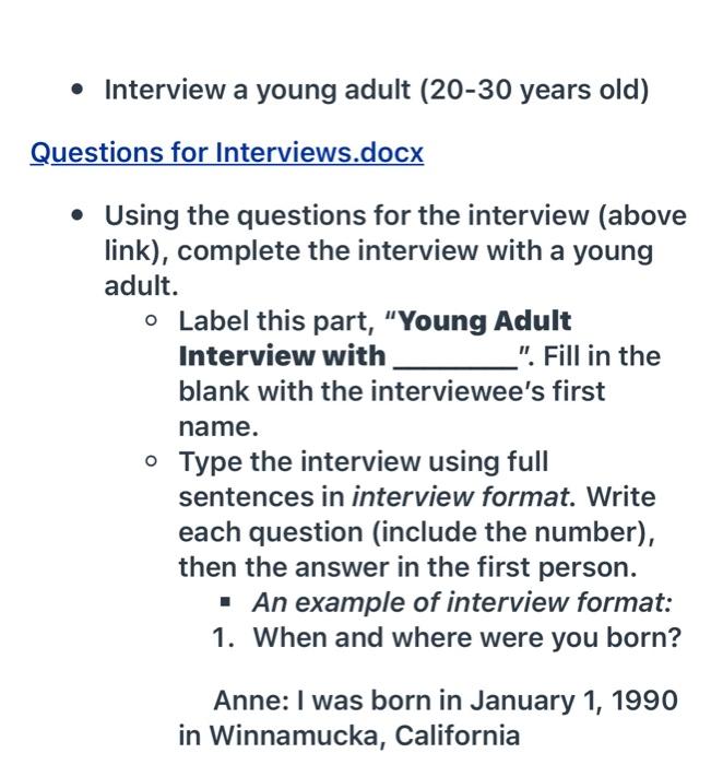 Solved • Interview a young adult (20-30 years old) Questions | Chegg.com
