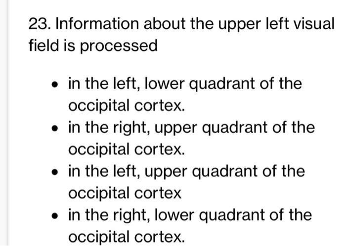 Solved 23. Information about the upper left visual field is | Chegg.com