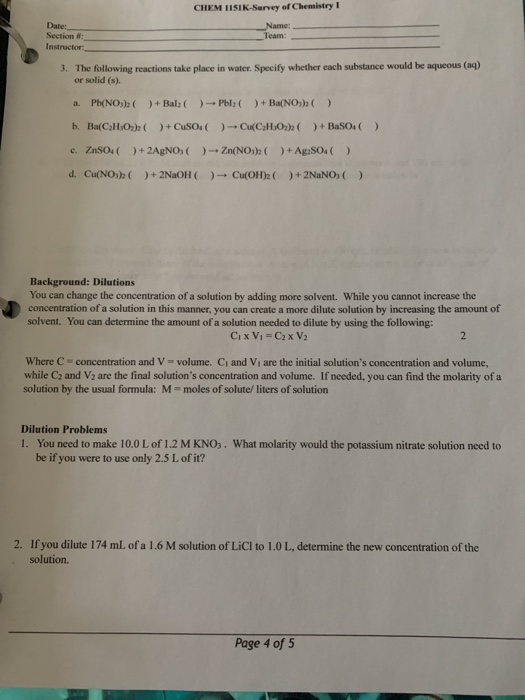 Solved CHEM 11SIK-Survey of Chemistry Date: Section : | Chegg.com