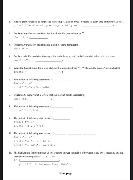 Solved 1. Write a print statement to output the size of type | Chegg.com
