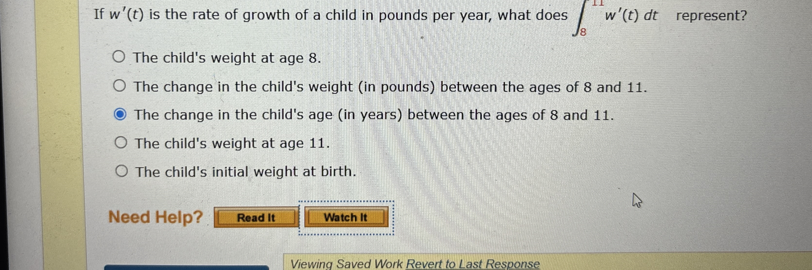 Solved If w'(t) ﻿is the rate of growth of a child in pounds | Chegg.com
