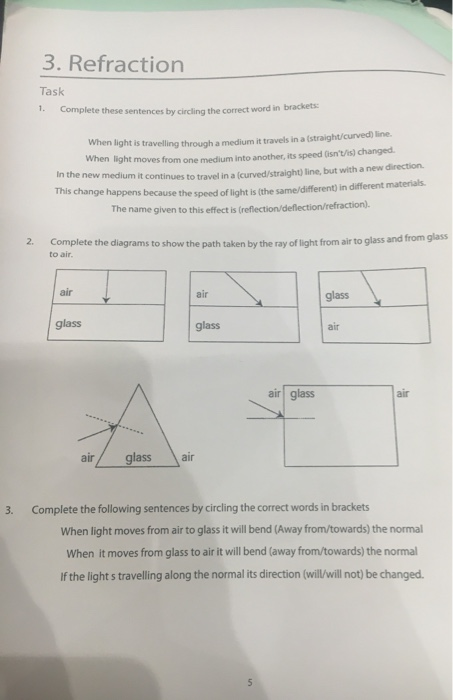 Solved 3. Refraction Task 1. Complete these sentences by | Chegg.com
