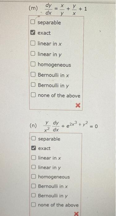 Solved (m) dxdy=yx+xy+1 separable exact linear in x linear | Chegg.com