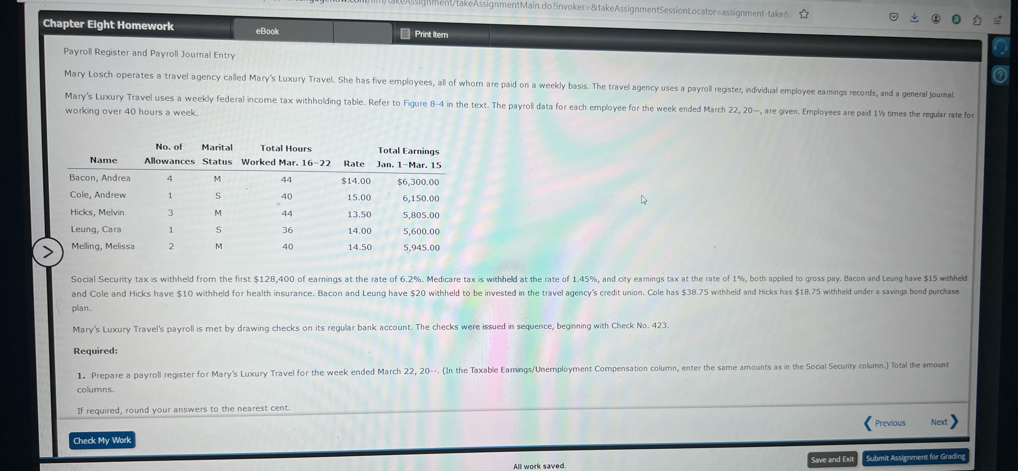 Solved Payroll Register and Payroll Journal Entryworking | Chegg.com