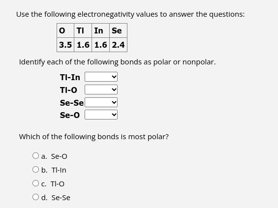 Solved Use the following electronegativity values to answer | Chegg.com
