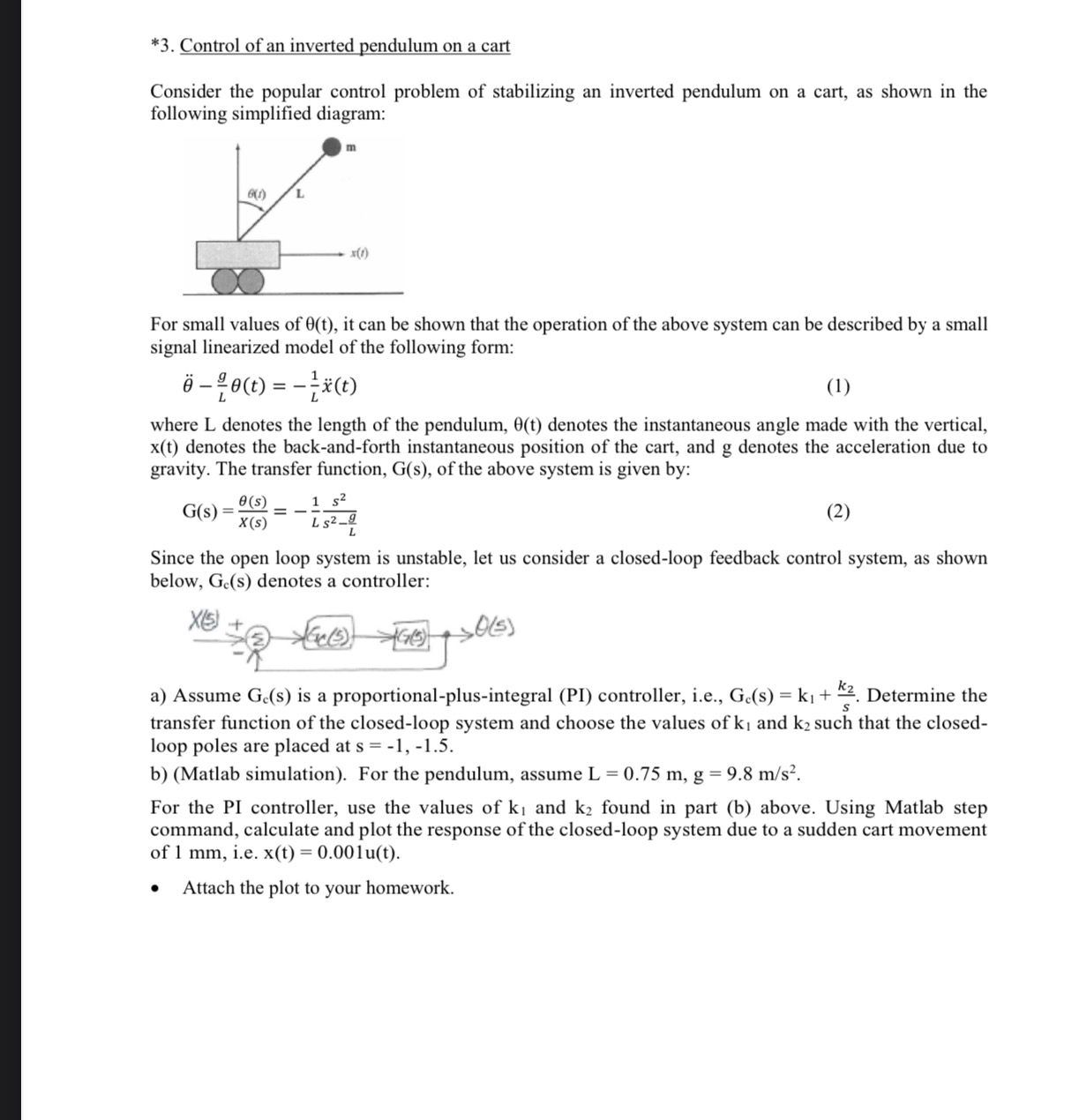 Solved *3. ﻿Control of an inverted pendulum on a | Chegg.com