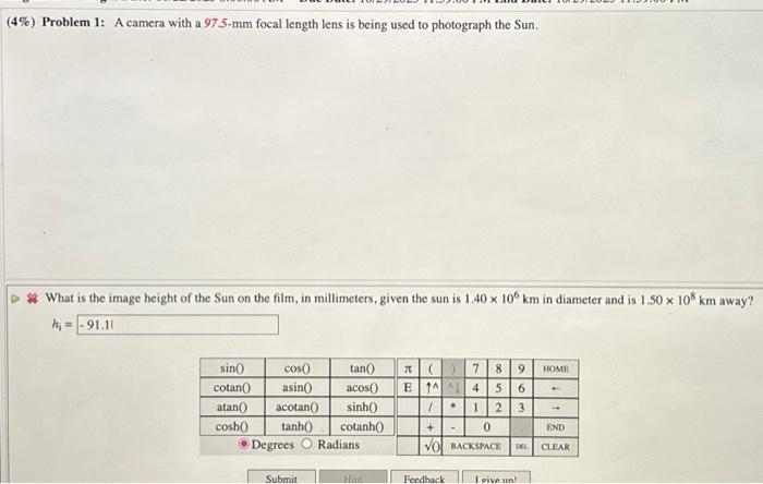 Solved (4\%) Problem 1: A camera with a 97.5 -mm focal | Chegg.com
