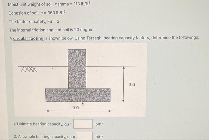 [Solved]: Moist unit weight of soil, gamma ( =113 mathrm{