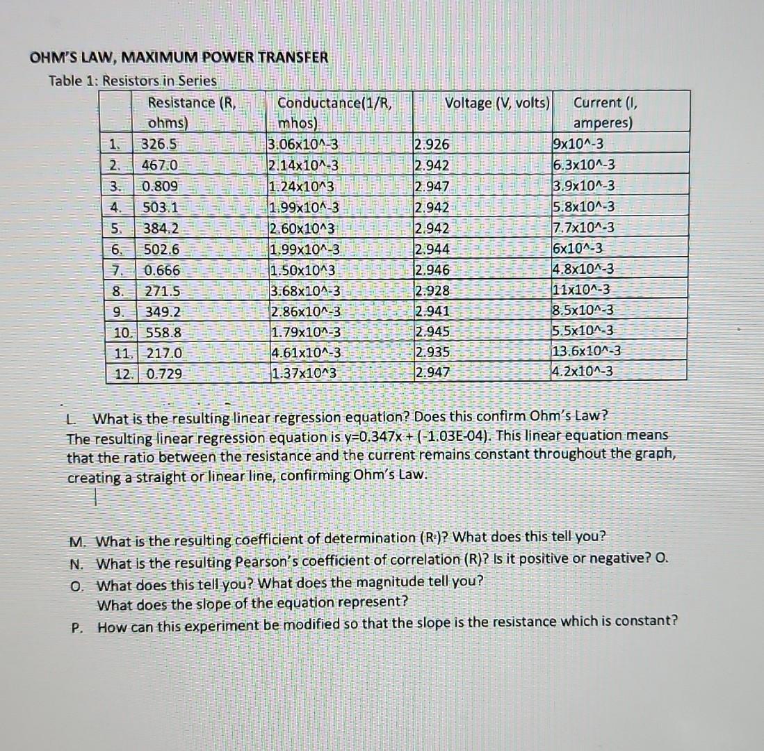 Solved OHM'S LAW, MAXIMUM POWER TRANSFER Table L What is the | Chegg.com