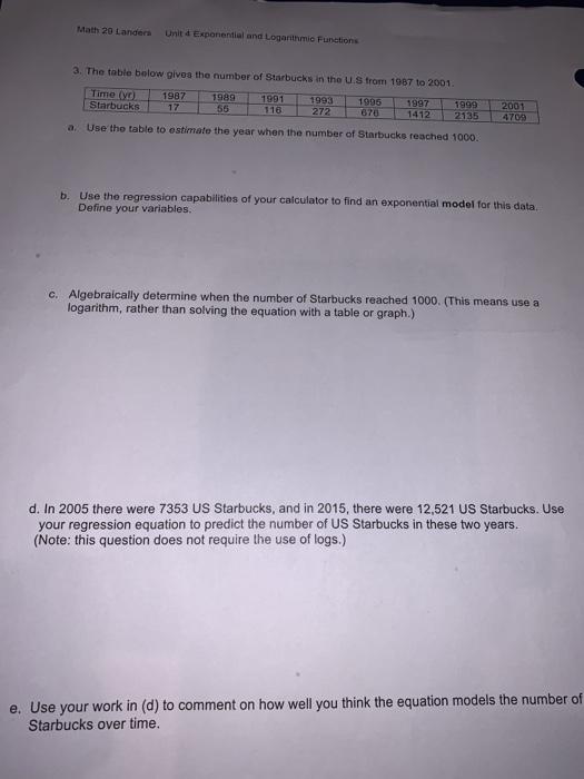 Solved Math 20 Landers Unit & Exponential and Logarithmic | Chegg.com