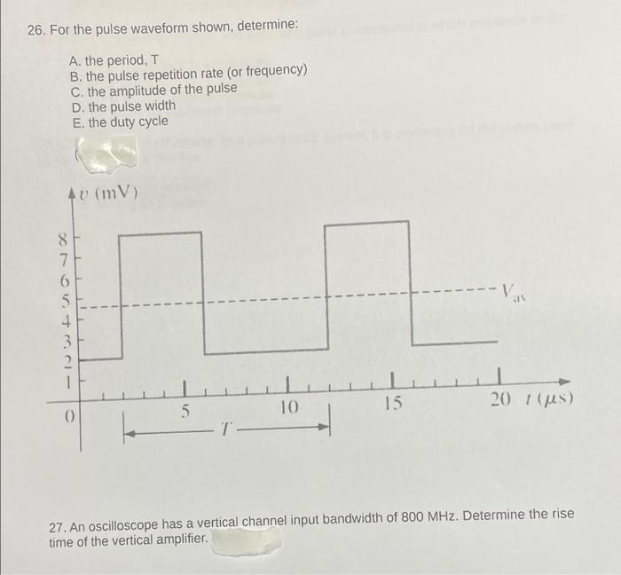Solved 26. For the pulse waveform shown, determine: A. the | Chegg.com
