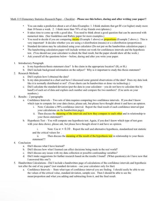 Math U15 Elementary Statistics Research Papsr - | Chegg.com