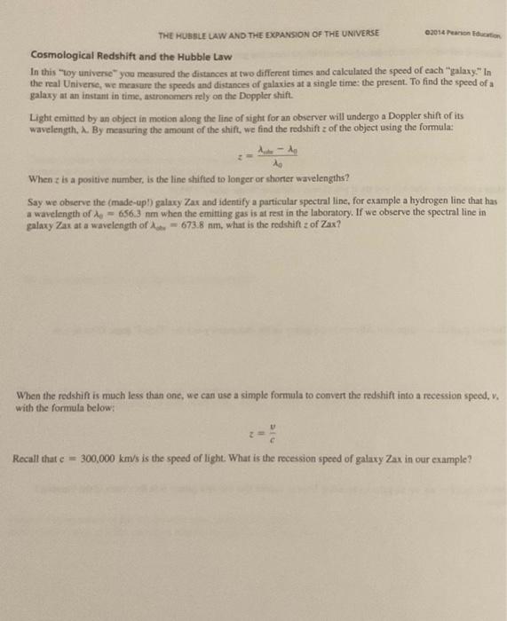 Cosmological Redshift and the Hubble Law In this "Wy | Chegg.com