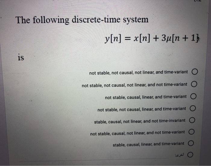 Solved The following discrete-time system y[n] = x[n] + 3u[n | Chegg.com