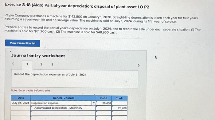 Solved Exercise 8-18 (Algo) Partial-year depreciation; | Chegg.com