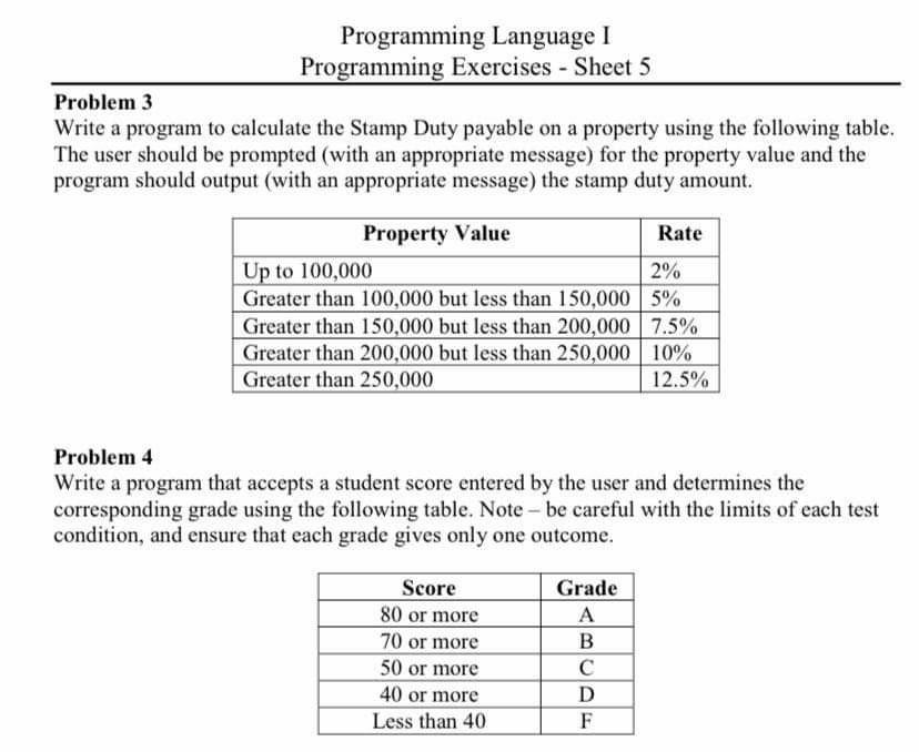 Solved Programming Language I Programming Exercises - Sheet | Chegg.com
