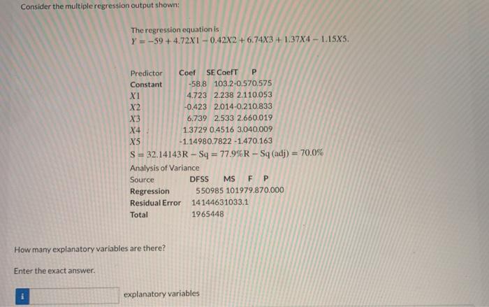 Solved Consider the multiple regression output shown: The | Chegg.com