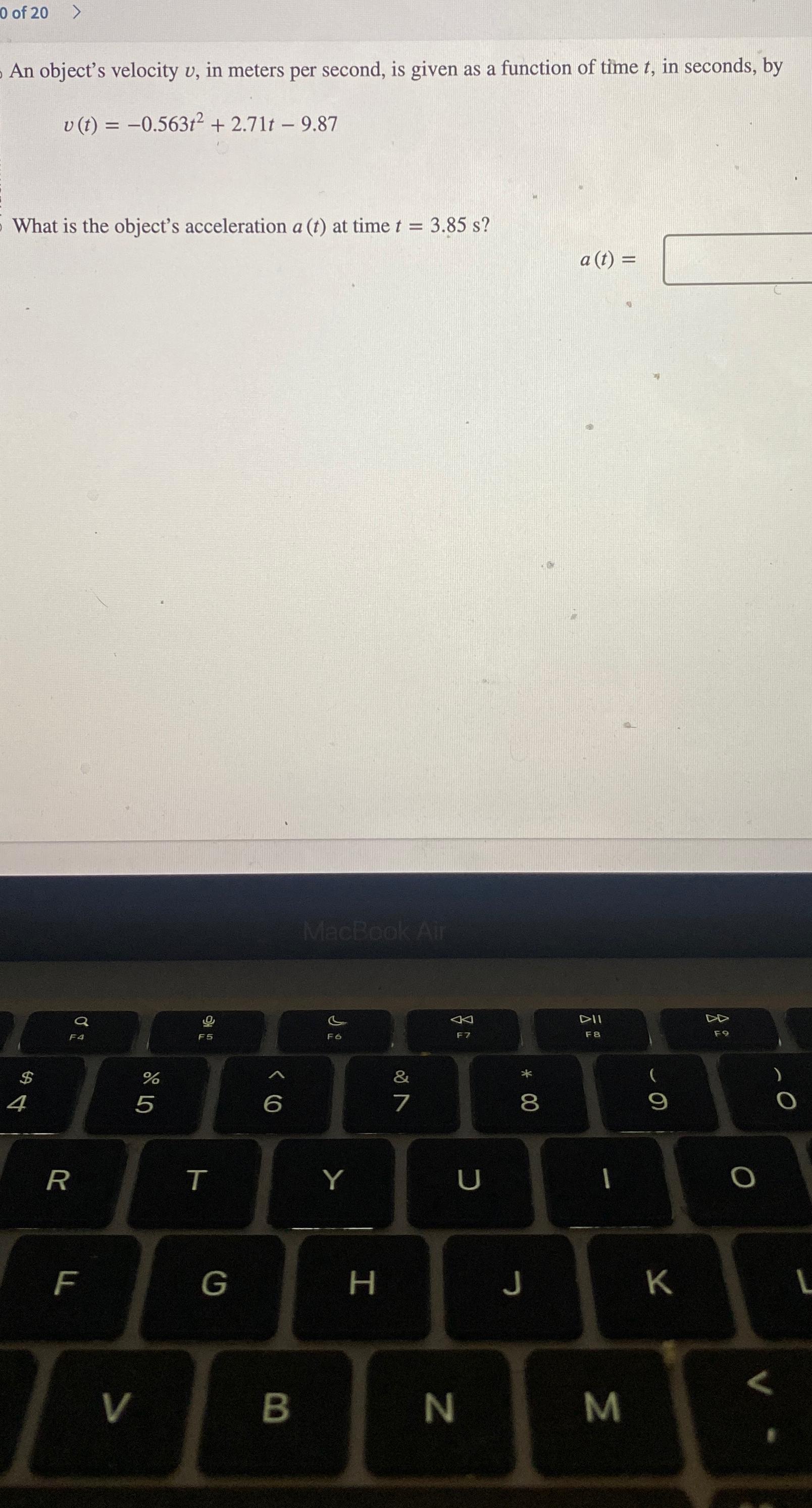 Solved 0 ﻿of 20An object's velocity v, ﻿in meters per | Chegg.com