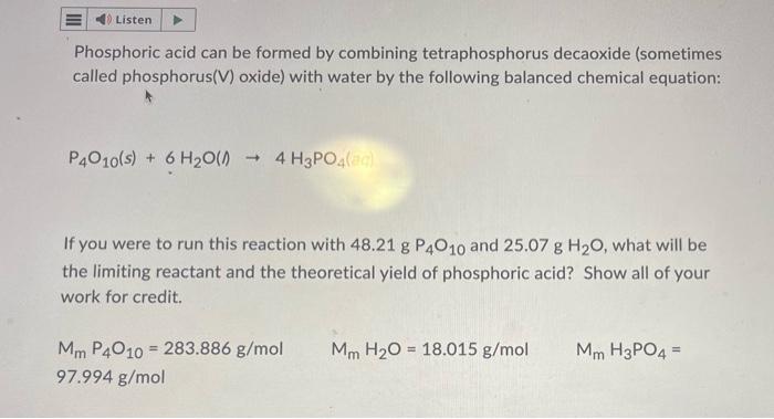 Solved Phosphoric acid can be formed by combining | Chegg.com