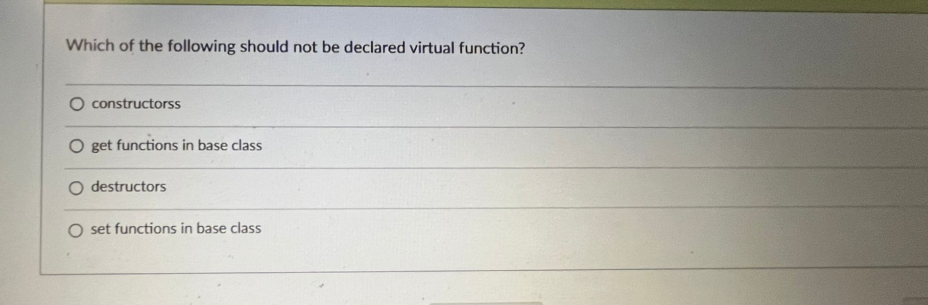 Solved Which of the following should not be declared virtual | Chegg.com